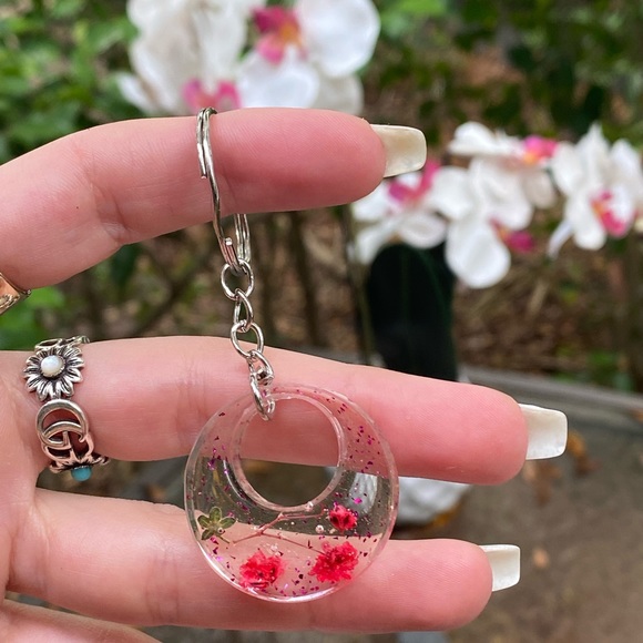 Accessories | Red Flowers Gold Flakes Floral Silver Hardware Keychain ...